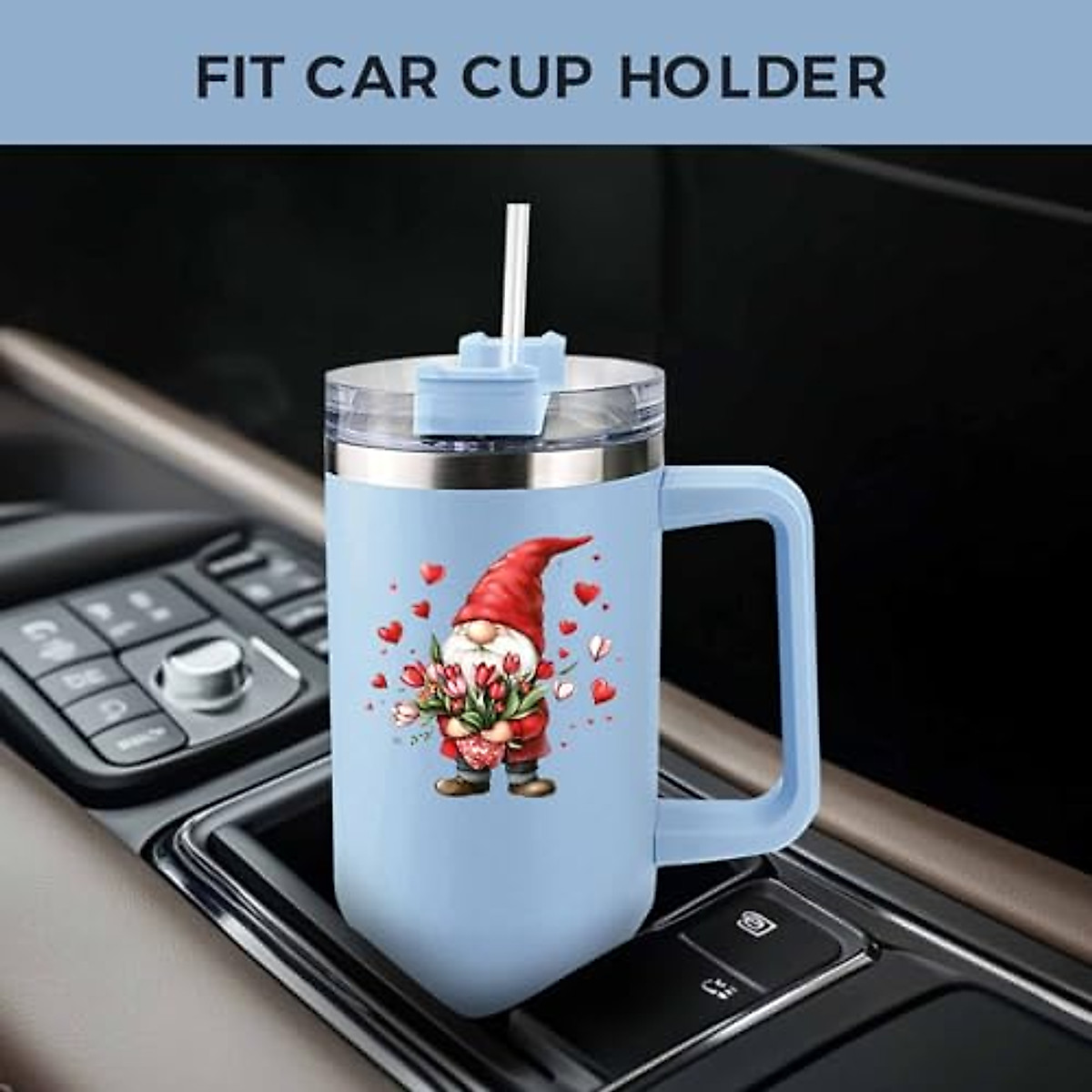 LB LEOBON 40 ounce insulated cup with handle, double-layer vacuum stainless steel material, equipped with straw, can keep warm or maintain cold drinks Gnome Love Bouquet P wathet