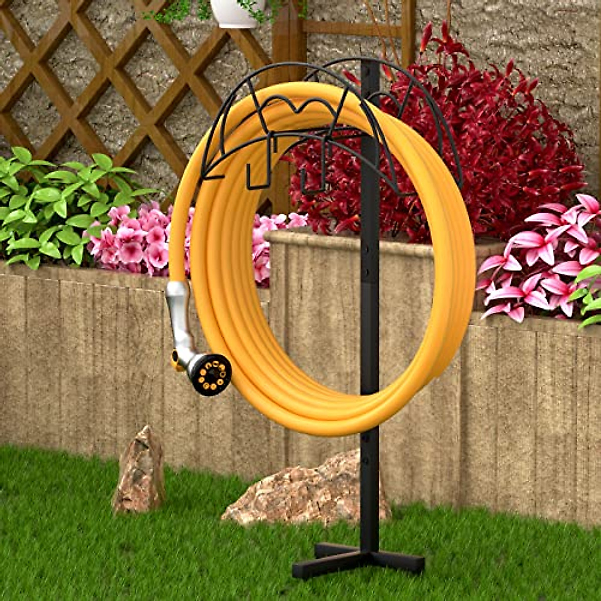 VyGrow Garden Hose Holder Freestanding, Heavy Duty Metal Water Hose Holders for Outside, Detachable Garden Hose Storage Stand Rack, Black