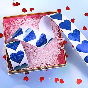 1.5" Glitter Blue Heart Stickers, Large Heart Labels Valentines Decor 500 per Roll, Valentine's Day Love Decorations for Wedding Anniversaries, Envelopes