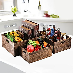 Frcctre Set of 3 Wood Nesting Storage Crates with Handles, Decorative Farmhouse Wooden Crates Storage Containers Rustic Handmade Natural Solid Wood Basket