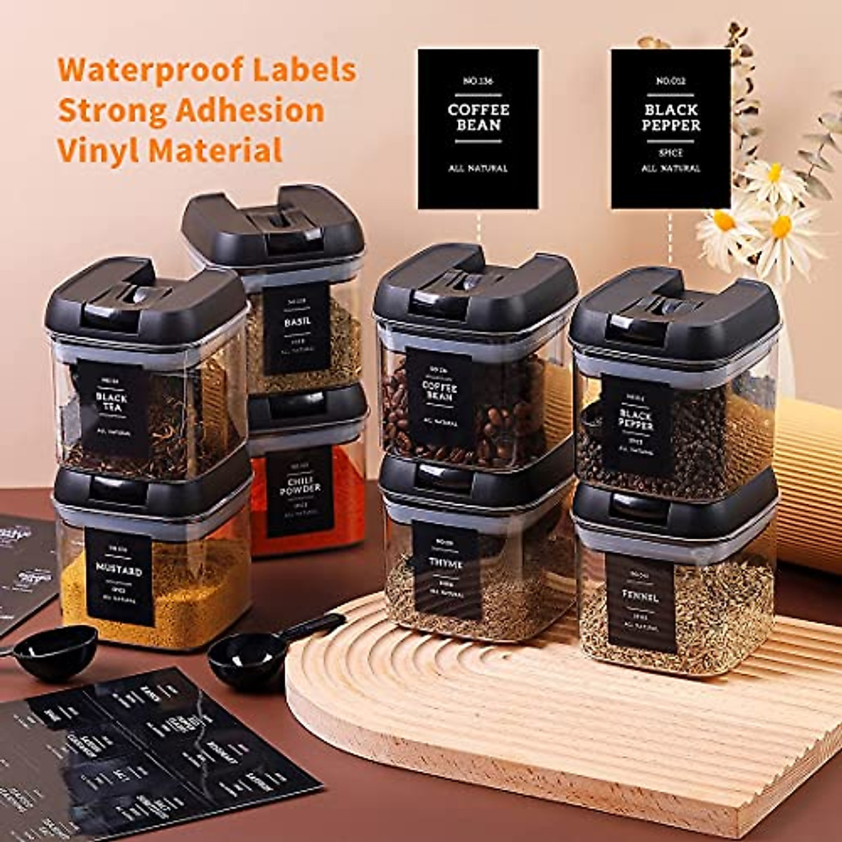 Spice Containers with Labels - 9 Pcs Large Plastic Tea Storage Containers with 148 Spice Labels and 9 Spoons - Square Airtight Spice Containers Set with black Lids for Kitchen Pantry Herbs,Coffee,Seasoning Organization