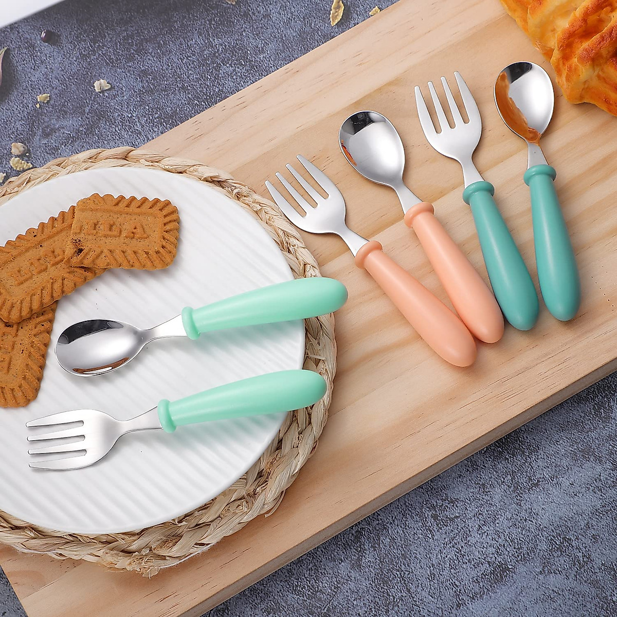 Pimoys 6 Pieces Toddler Utensils Stainless Steel Baby Forks and Spoons Set Kids Silverware Children's Flatware Metal Cutlery Set with Round Handle, 3 x Cute Forks,3 x Children Spoons