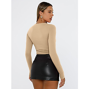 Trendy Queen Womens Long Sleeve Shirts Basic Tees Crop Tops Going Out Spring 2025 Workout Outfits Y2k Clothes Khaki L