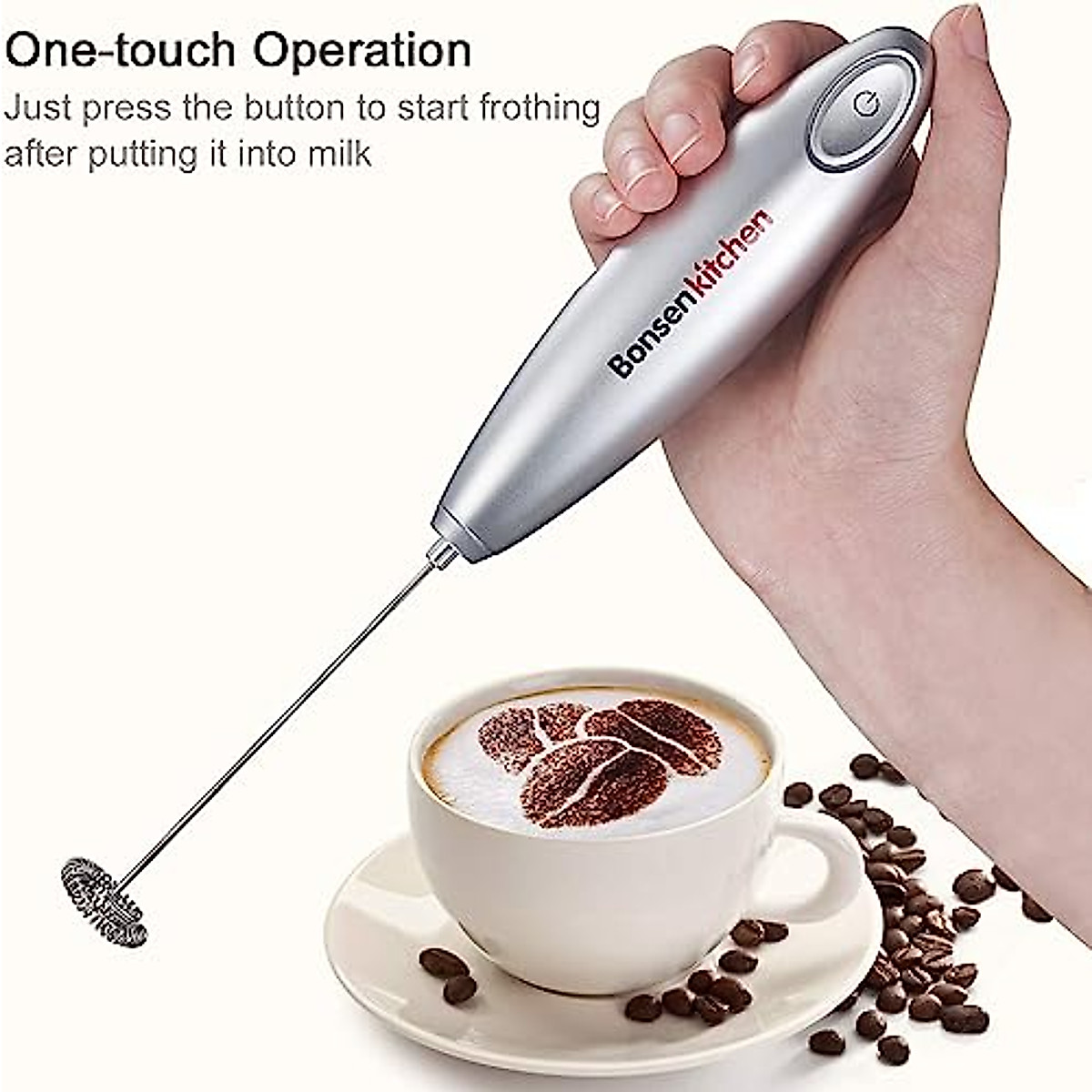 Bonsenkitchen Milk Frother Handheld, Automatic Milk Foam Maker Hand Frother for Coffee, Matcha, Hot Chocolate, Battery Operated Mini Drink Mixer-Silver