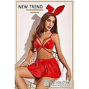 Avidlove Women Exotic Lingerie Set Sexy PU Leather Bra Top and Panty Set with Mini Skirt Sexy Lingerie Outfits Red