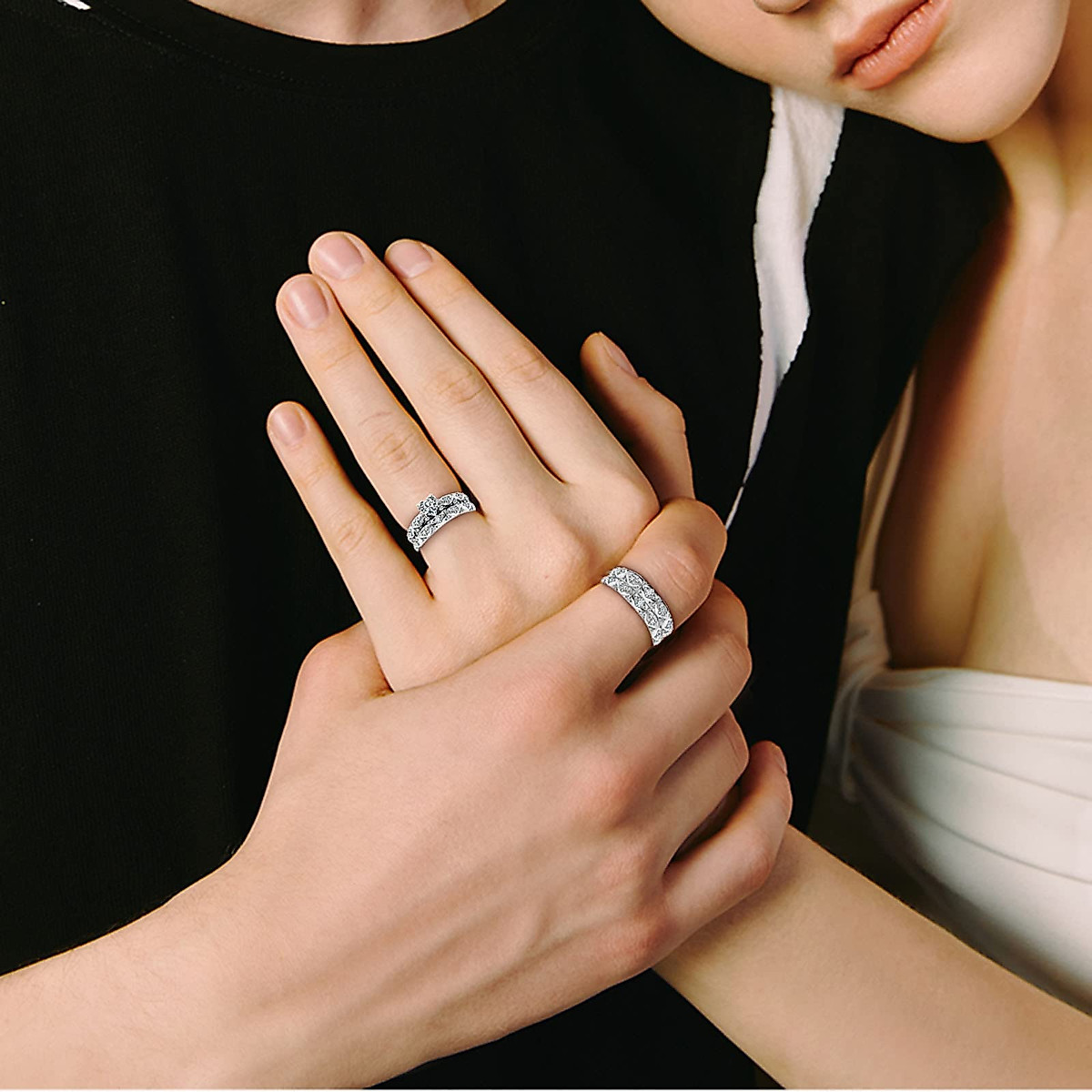 Women 2PCS Inlaid Zircon Proposal Rings Set Heart Shaped Simulated Diamond Elegant Ring Bridal Wedding Band (Sliver, 11)