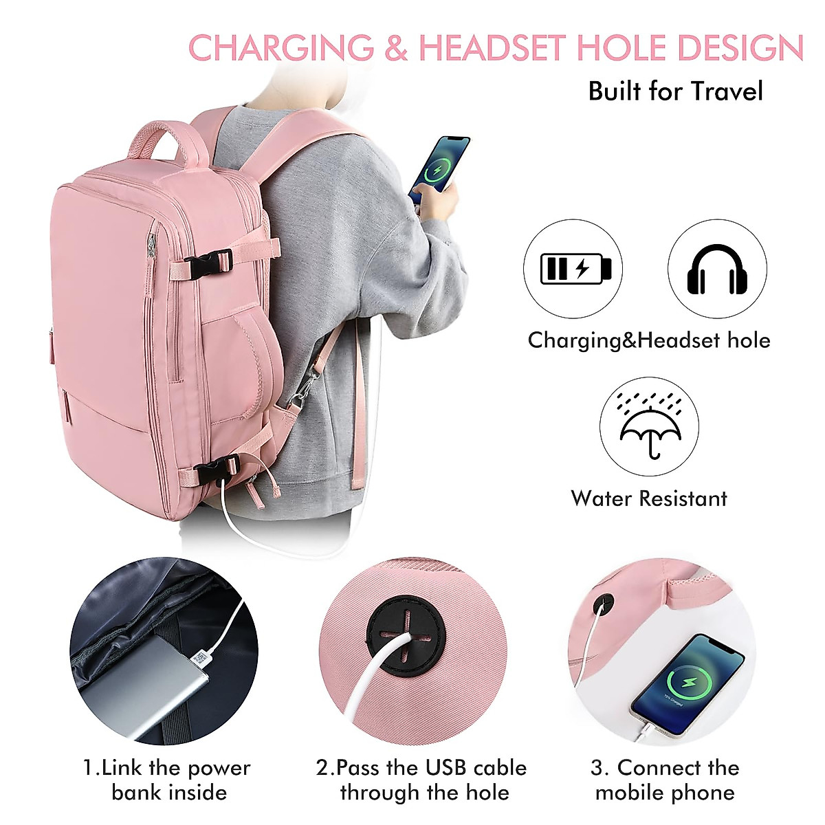 Beraliy Large Travel Backpack for Women, Personal Item Bag Airline Approved, Carry On Luggage, 17.3 inch Laptop Backpack, Waterproof Backpack,Hiking Backpack, Pink