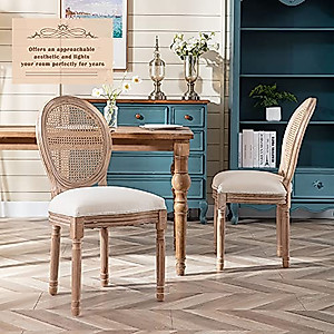 Nrizc Farmhouse Fabric Dining Room Chairs Set of 4, French Chairs with Round Back, Rattan Dining Chair, Oval Side Chairs for Dining Room/Living Room/Kitchen/Restaurant