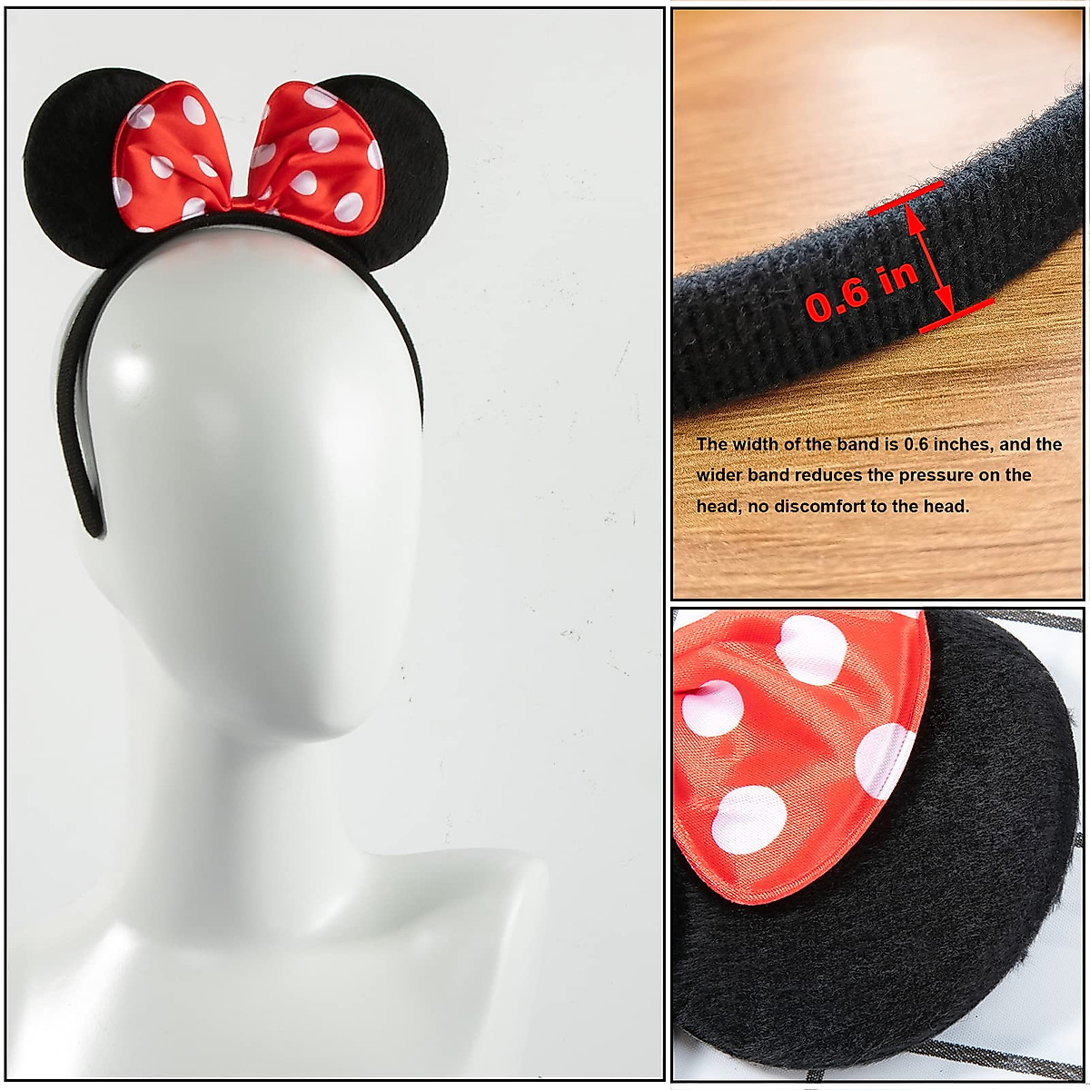 CHuangQi 12pcs Mouse Ears Solid Black and Red Bow Headband for Boys and Girls Birthday Party Celebration or Event