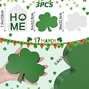 St. Patrick's Day Table Signs- St Patricks Day Wooden Lucky Decor in 3 Style, Green & White Shamrocks, House Shape Irish Wood Centerpiece Decorations for Desk Fireplace Home Office Ornaments