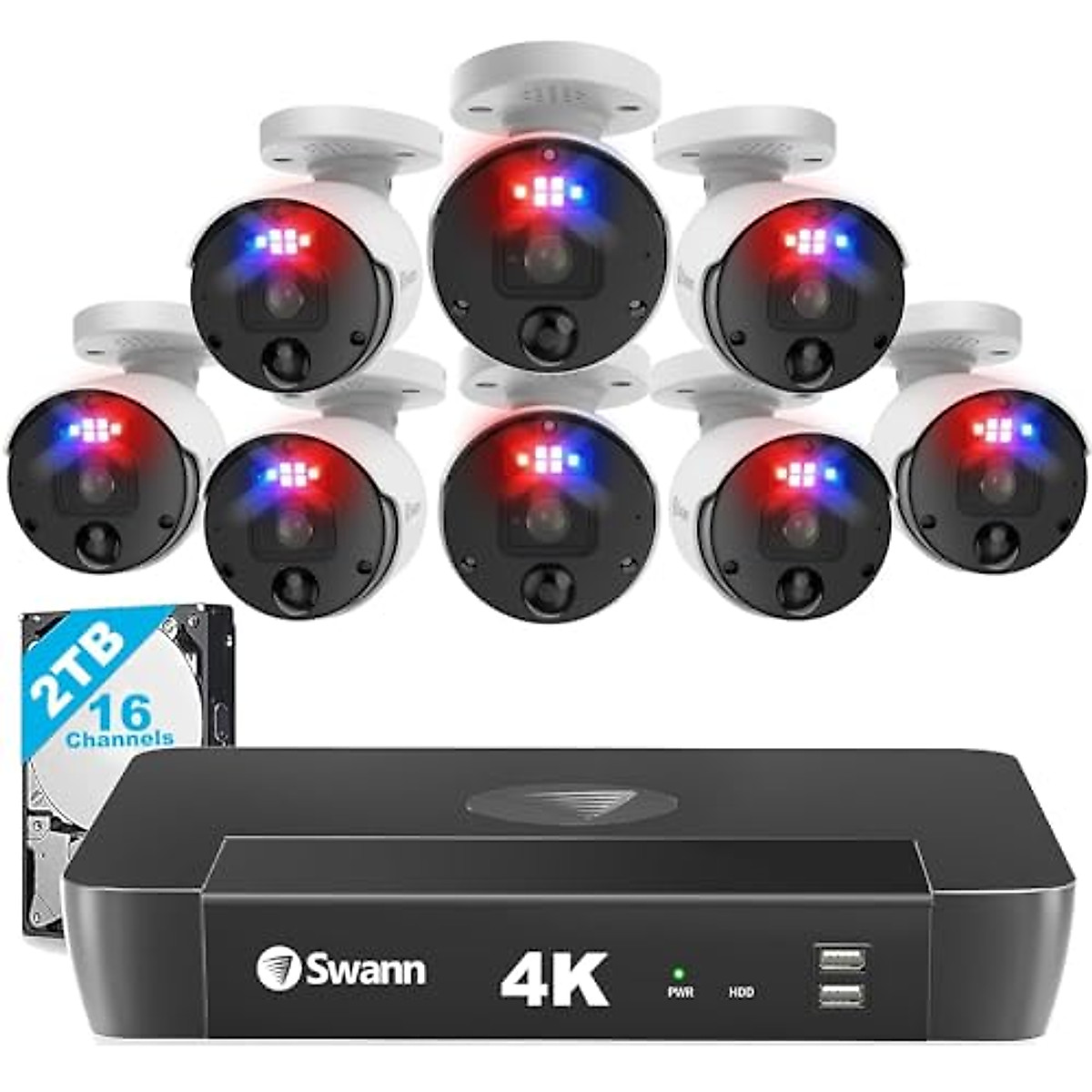 Swann Home Security Camera System with 2TB HDD, 16 Channel 8 Cam, POE Cat5e NVR 4K HD Video, Indoor Outdoor Wired Surveillance CCTV, Color Night Vision, Heat Motion Detection, Flashing LEDs, 1689808