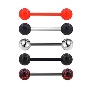 Jewseen 5PCS 14G 316L Stainless Steel Red Black Acrylic Balls Tongue Barbell Painting Tongue Rings Piercing