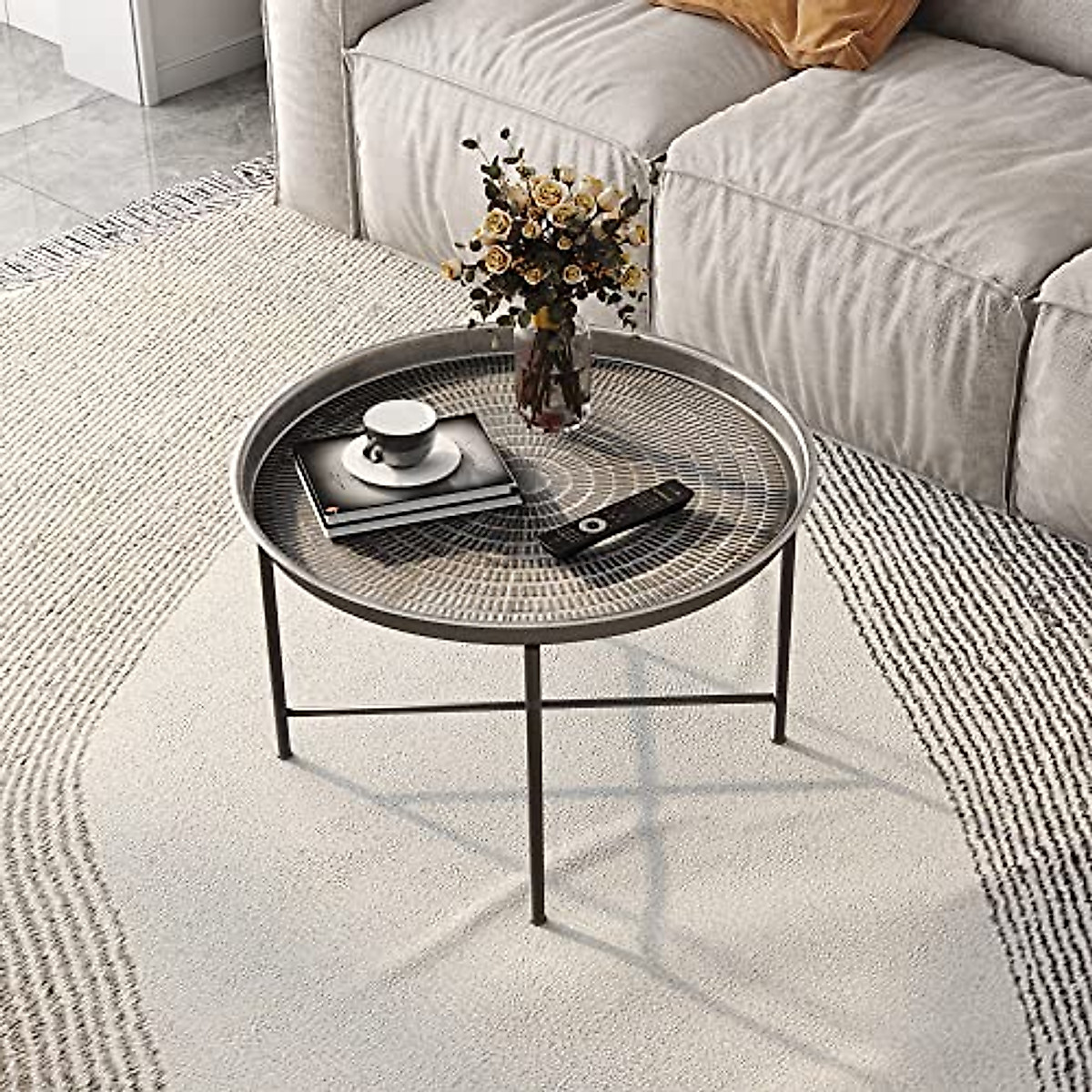 Yusong Coffee Table, Boho-Chic Hammered Metal Tray Coffee Table, Mahdavi Round Coffee Tea Table, Living Room Tables for Storage and Display, Brushed Silver