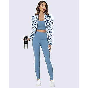 GYM RAINBOW Women's Cropped Full Zip Athletic Jackets Lightweight Slim Fit Workout Jacket with Thumb Holes(#6 Blue And White Camo,Medium)