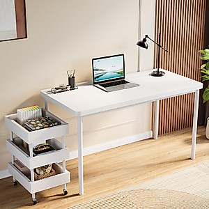 Tribesigns 47-Inch Computer Writing Desk, Simple White Home Office Desks with 3-Tier Wood Storage Cart, Modern Study Table Work Desk Workstation for Bedroom, Small Spaces