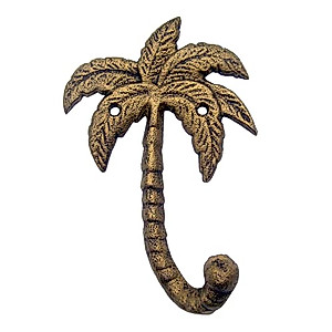 Palm Tree Cast Iron Wall Hooks, Wall Mounted for Hanging Coats, Purses, Towels, Hats, Beach Themed Wall Décor, Set of 2, 6.5 Inches High (Gold Toned)