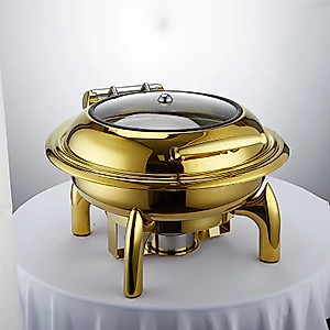 HONHPD Luxury 6.8 Liters Roll Top Round Golden Chafing Dish, Chaffing Server Set Buffet, Stainless Steel Buffet Chafer with Glass Lid, Chafers and Buffet Warmers Set for Catering, Parties(Upgraded