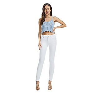 FLYING BANANA Women's White Mid Rise Comfy Stretch Denim Skinny Jeans (White, 14)