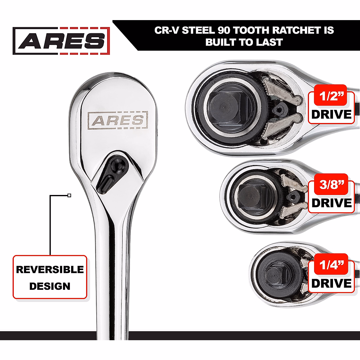 ARES 42000-3-Piece 90-Tooth Full Polish Ratchet Set - Chrome Vanadium Steel Construction & Chrome Plated Finish - Reversible Design - 4 Degree Swing - Ratcheting Tool Set