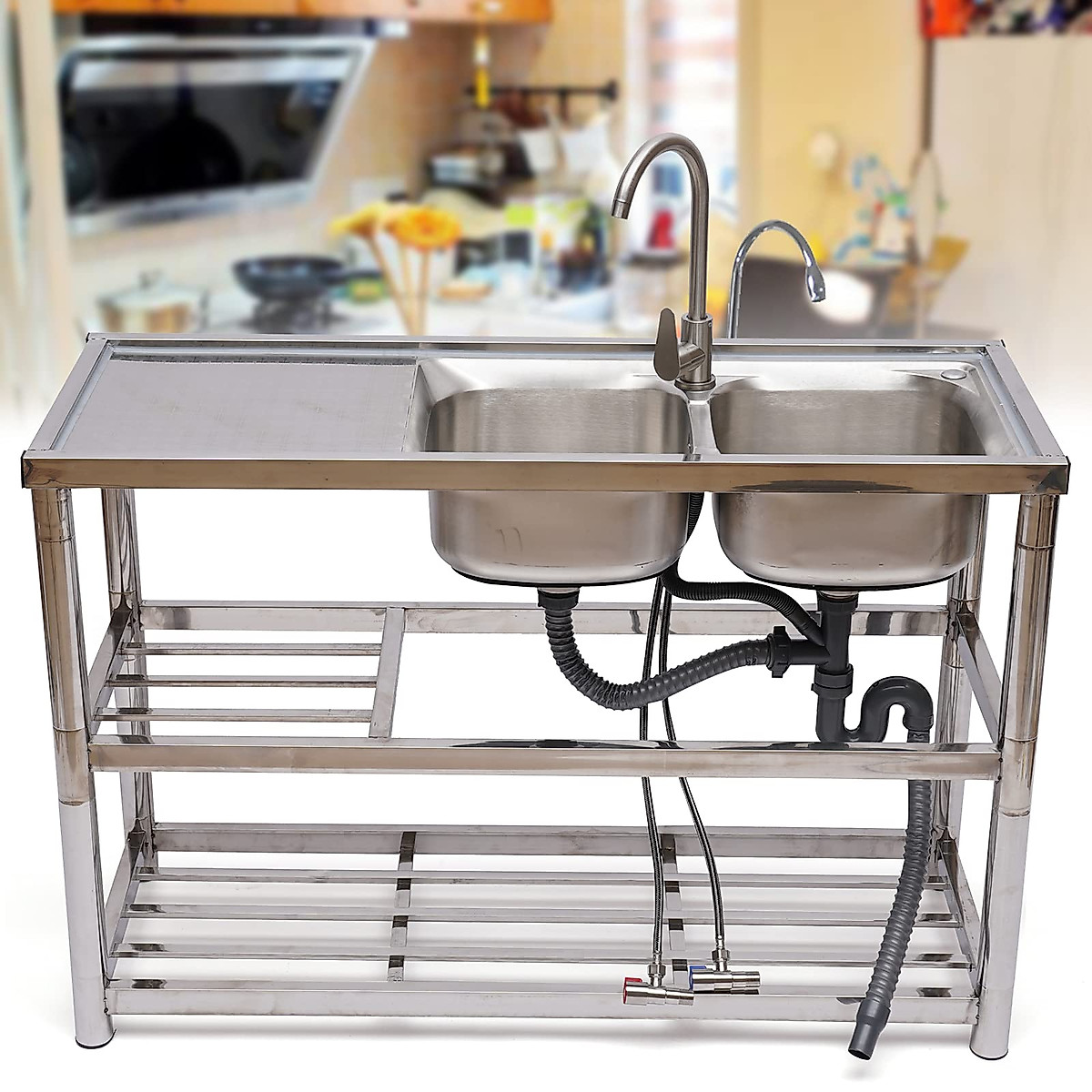 Commercial Kitchen Sink Outdoor Sink Restaurant Sink 304 Stainless Steel Utility Sink with Faucet & Drainboard, Free Standing Sink Stainless Steel Sink with Prep Table Double Bowl Drainer Unit & Tap