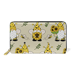 Seamless Pattern with Yellow Gnomes, Bees and Sunflowers Leather Long Wallet Organizer with Zipper Purse Clutch Bag for Women Men Key Card Coin Passport Checkbook