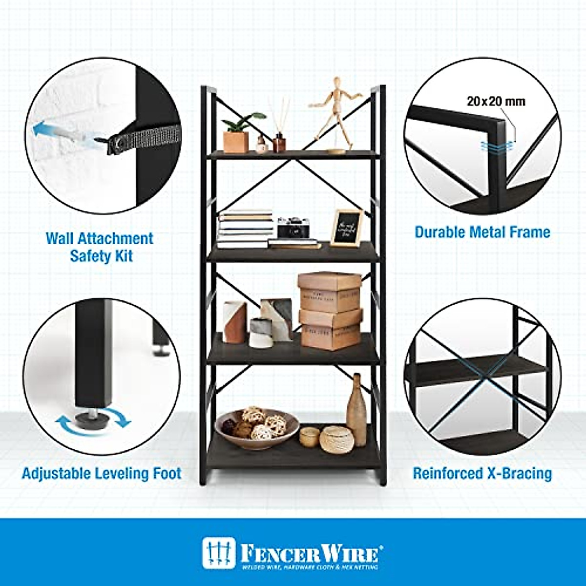 Fencer Wire 4 Tier Free Standing Shelf, 24 Inch Width Bookshelf, Bookcase Shelf Storage Organizer, Industrial Book Shelves for Home Office, Living Room, Kitchen, Black Wooden Shelves & Metal Frame