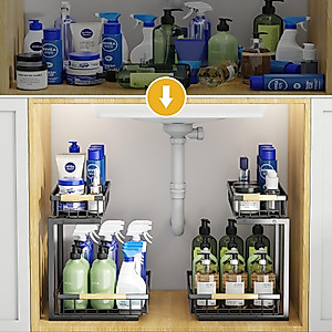 Under Sink Organizer and Storage, 2-Tier Pull Out Cabinet Organizers Shelf, Metal Sliding Drawers Shelves for Kitchen Bathroom Closet Organization, 2 Pack