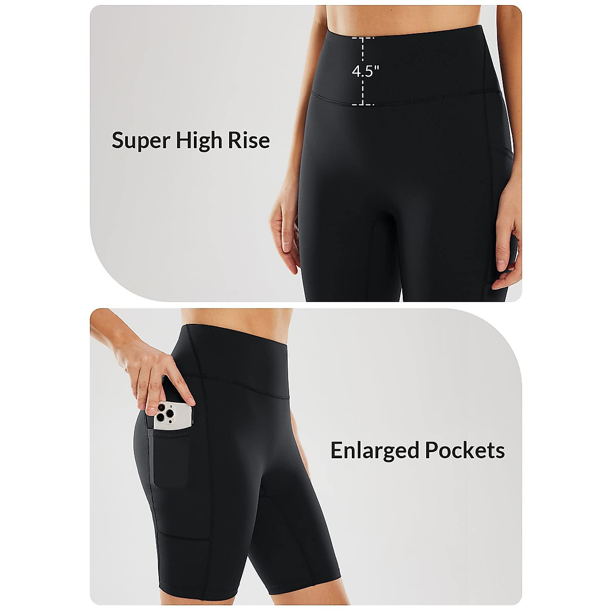 BALEAF Women's Light Compression Biker Shorts 8" High Waisted Yoga Gym Spandex Shorts Side Pockets Black XL