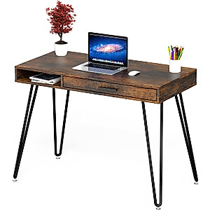 SHW Home Office Computer Hairpin Leg Desk with Drawer, Rustic Brown