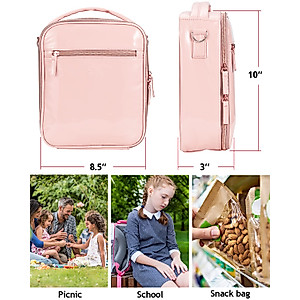 Waterproof Lunch Box for Girls Cute Kids Lunchbox Shiny Pink Lunch Bags with Shoulder Strap and Pocket for Teen Girls Insulated Lunch Cooler Bag for School Outdoor Travel