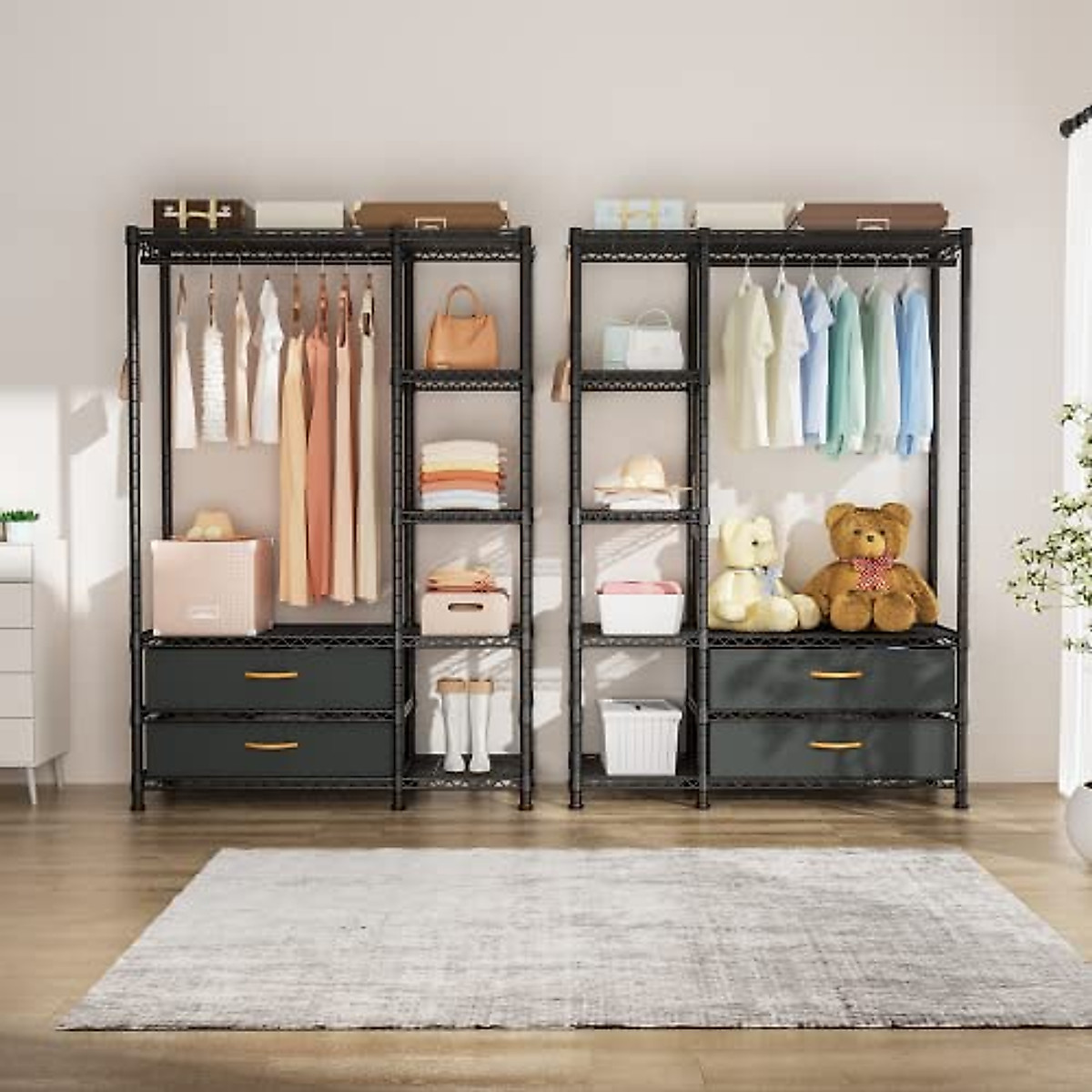 Ulif F3 Freestanding Closet Garment Rack, 5 Tiers Adjustable Heavy Duty Clothes Organizer Storage with 2 Fabric Drawers, Suitable for Bedroom, Apartment, and Cloakroom, 39.4"W x 14.5"D x 71.2"H, Black