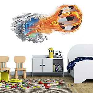 Kiddale 3D Football Wall Stickers,Peel and Stick Break Through The Wall Vinyl Soccer Wall Decals Murals Art Decals for Kids Nursery Bedroom Living Room(14X29Inches)