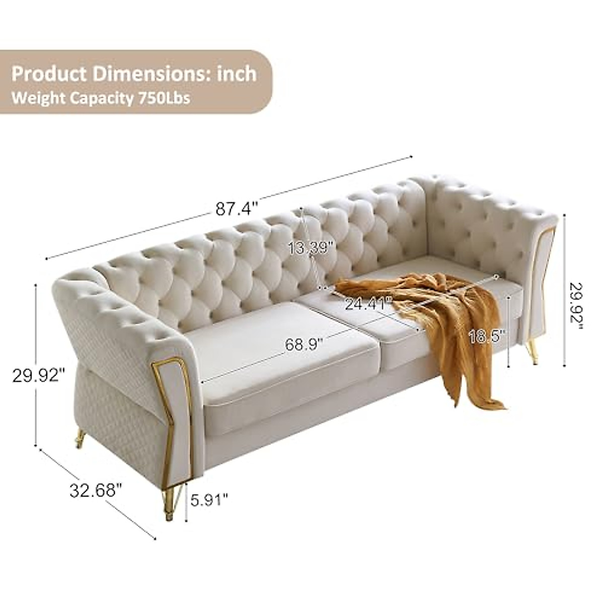 Tmsan 87.4" Velvet Sofa Couch, Mid-Century Modern Chesterfield Loveseat Classic Button Tufted 2 Seater Couch with Golden Legs for Living Room Office Bedroom (Beige)