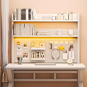 Multipurpose Countertop Hutch Bookshelf, Desk Shelf Storage Rack, Clamp On Desk Organizer Shelf, Desk Extender Pegboard Workstation, Privacy Panel for Gaming Desk, Metal Desktop Display Rack(White,100