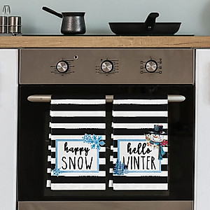 AnyDesign Hello Winter Kitchen Towel White Black Stripe Dish Towel Christmas Snowman Snowflake Happy Snow Tea Towel Xmas Hand Drying Towel for Farmhouse Cooking Baking, 18 x 28 Inch, 2 Pack