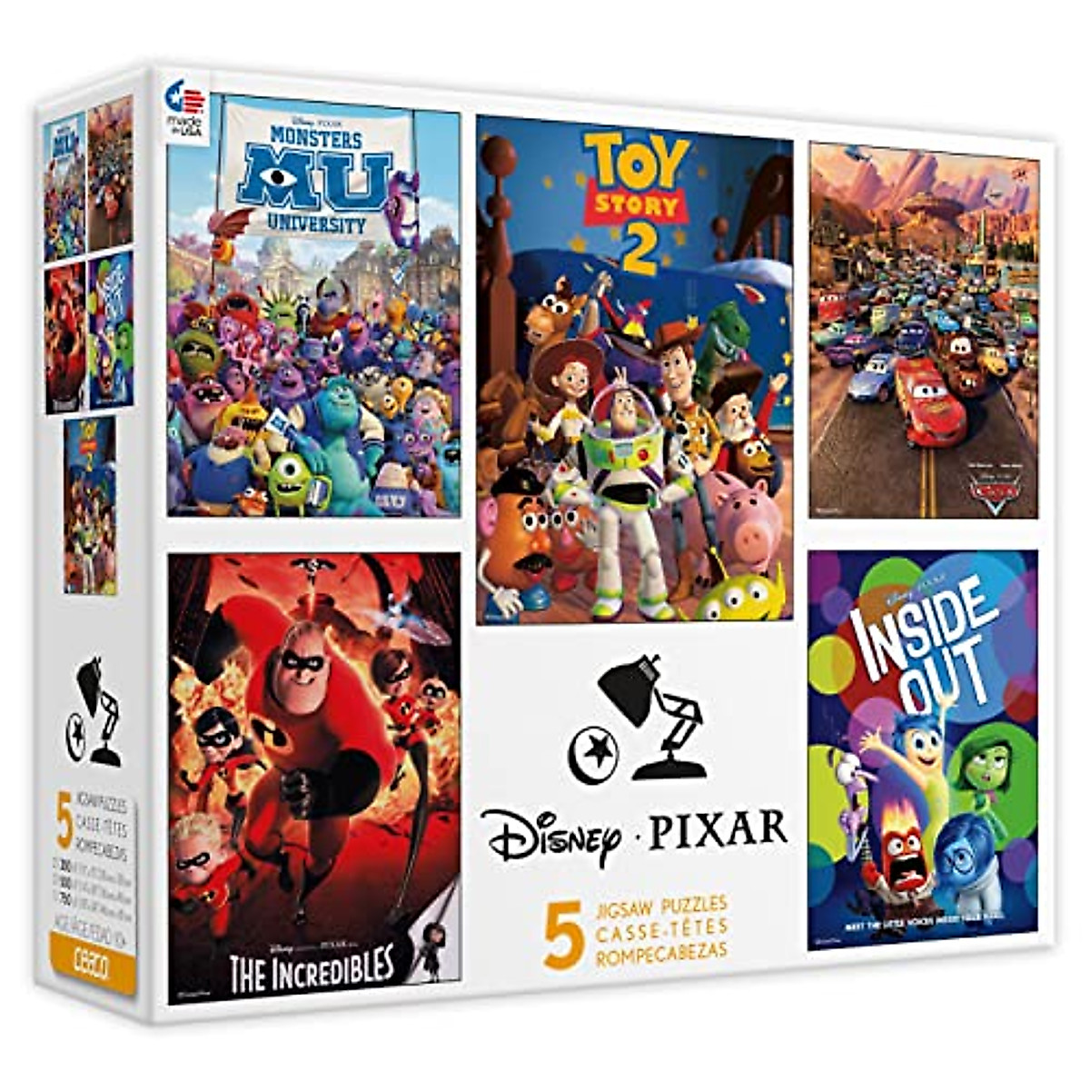 Ceaco - 5 in 1 Multipack - Disney/Pixar -Monsters University (MU), The Incredibles, Toy Story 2, Cars, & Inside Out - (2) 300 Piece, (2) 500 Piece, (1) 750 Piece Jigsaw Puzzles