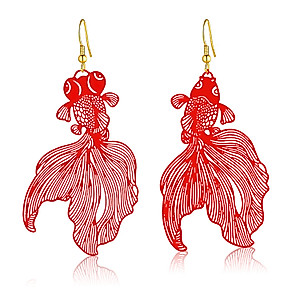 WUWEIJIAJIA Bohemian Lightweight Hollow Goldfish Dangle Drop Earrings Unique Long Tropical Fish Earrings for Women (Red)