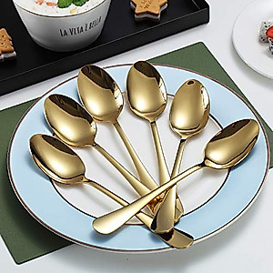Gold Dinner Spoons, Kyraton 6 Pieces 7.5" Stainless Steel Table Spoon With Titanium Gold Plating, Gold Soup Spoons, Dessert Spoons Sliverware Dishwasher Safe Set of 6