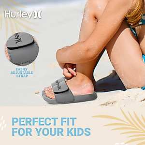 Hurley Naia Slides for Girls and Boys, Slip-On Kids Slippers with Adjustable Strap, Kid's Sandals for Indoor and Outdoor, Adjustable Sporty Slides for Kids, Eva Footbed Shower Slides, Grey