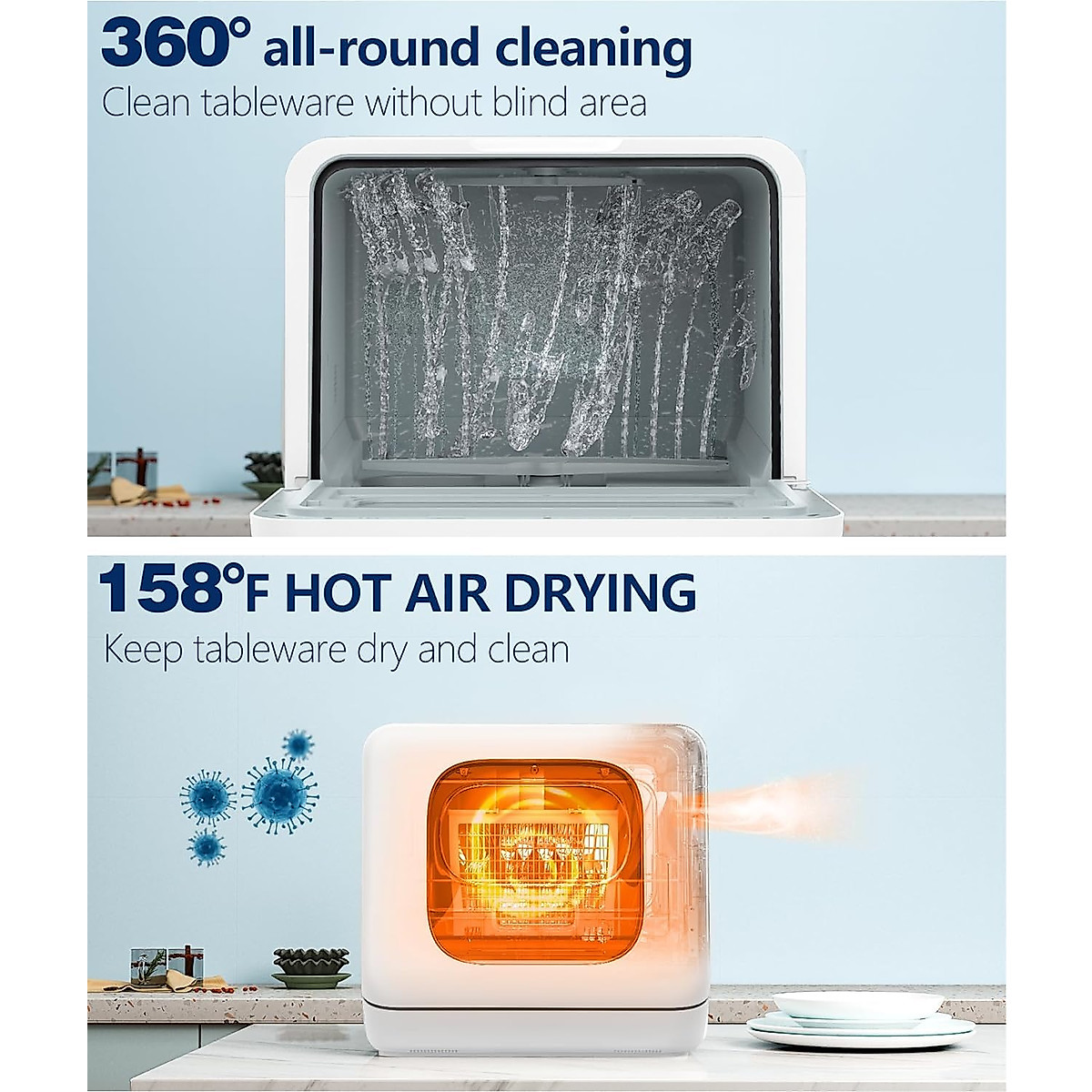 Joy Pebble Countertop Dishwasher, 28 Pieces Dishes/Cycle, 6 Washing Programs&Hot Drying, Dish Washer with 360°Dual Spray, with Child Lock&Delayed Start, Portable Dishwasher for Apartment/RV/Dorm