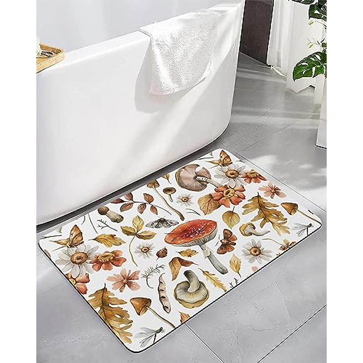Gogobebe Super Absorbent Diatom Mud Mat Fall Thanksgiving Mushroom Retro Rustic Floral Botanical Leaves Quick-Drying Thin Bath Mat Non-Slip Bathtub Mat Anti-Skid Rubber Bathroom Shower Mat 16x24in