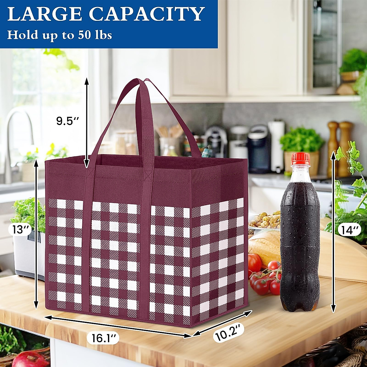 WISELIFE Reusable Grocery Shopping Bags 10 Pack Large Foldable Tote Bags Bulk, Eco Produce Bags with Long Handle for Shopping Groceries Clothes (Plaid C)