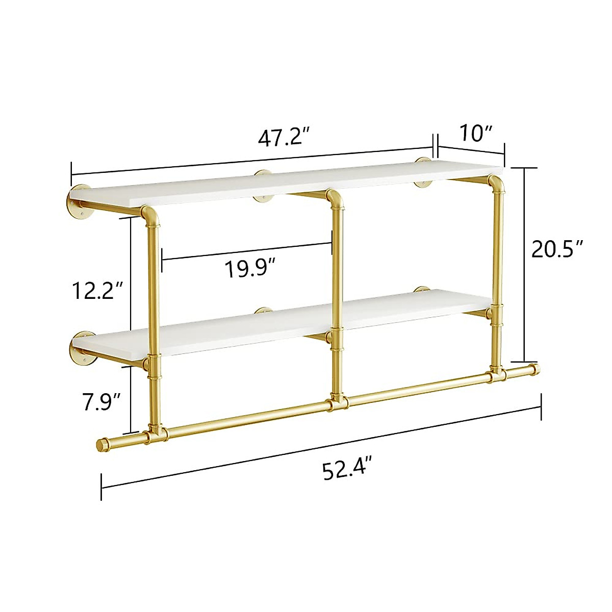 MAIKAILUN Wall Mounted Clothes Rack Gold with Shelf, 52" Long Industrial Pipe Clothing Rack with 2 Tier Shelves Heavy Duty Iron Garment Rack Bar,Retail Display Clothes Rod for Clothes,Laundry Room