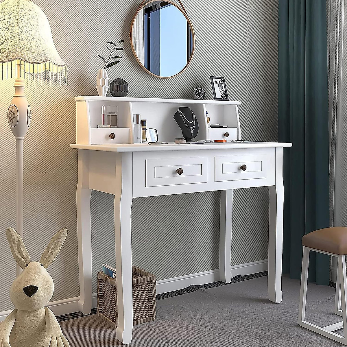DMAITH Small Writing Desk with Hutch, 32 Inch Home Office Desk with Drawers, Study Table Computer Desk for Student, Vanity Makeup Dressing Table Save Space for Bedroom, White