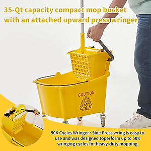 Midoneat Side Press Wringer Combo Commercial Mop Bucket on Wheels, 35 Quart,Yellow, Including Wet Floor Caution Sign（24Inch） and One Industrail Mop