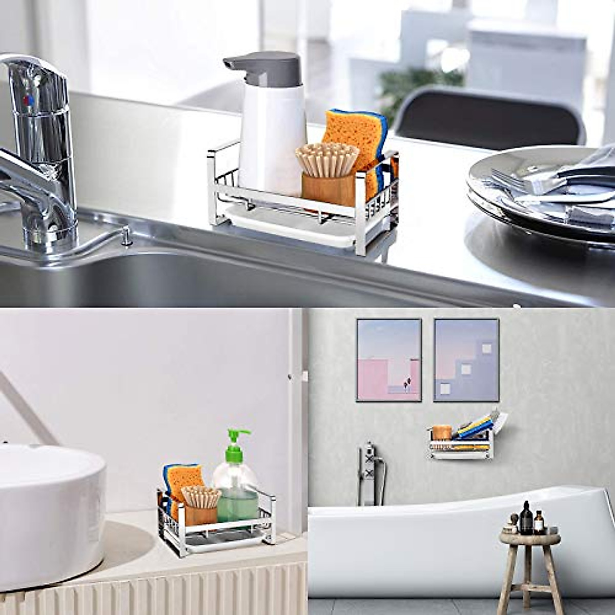 VANTEN Kitchen Sink Caddy Organizer, Sponge Holder for Sink, Sink Tray Drainer Rack, Dish Rags Brush Soap Storage Countertop with Removable Front Drain Pan (Not Including Dispenser and Sponge)