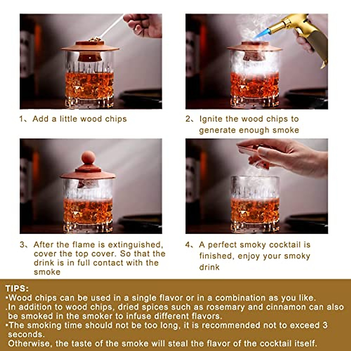 Cocktail Smoker Kit with Torch, Old Fashioned Cocktail Kit with 6 Flavors Wood Chips, Whiskey Smoker Infuser Kit, Bourbon Whiskey Gifts, Valentines Day Gifts for Him (No Butane)