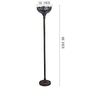 WERFACTORY Tiffany Floor Lamp Sea Blue Stained Glass Dragonfly Light 12X12X66 Inches Pole Torchiere Standing Corner Torch Uplight Decor Bedroom Living Room Home Office S631 Series