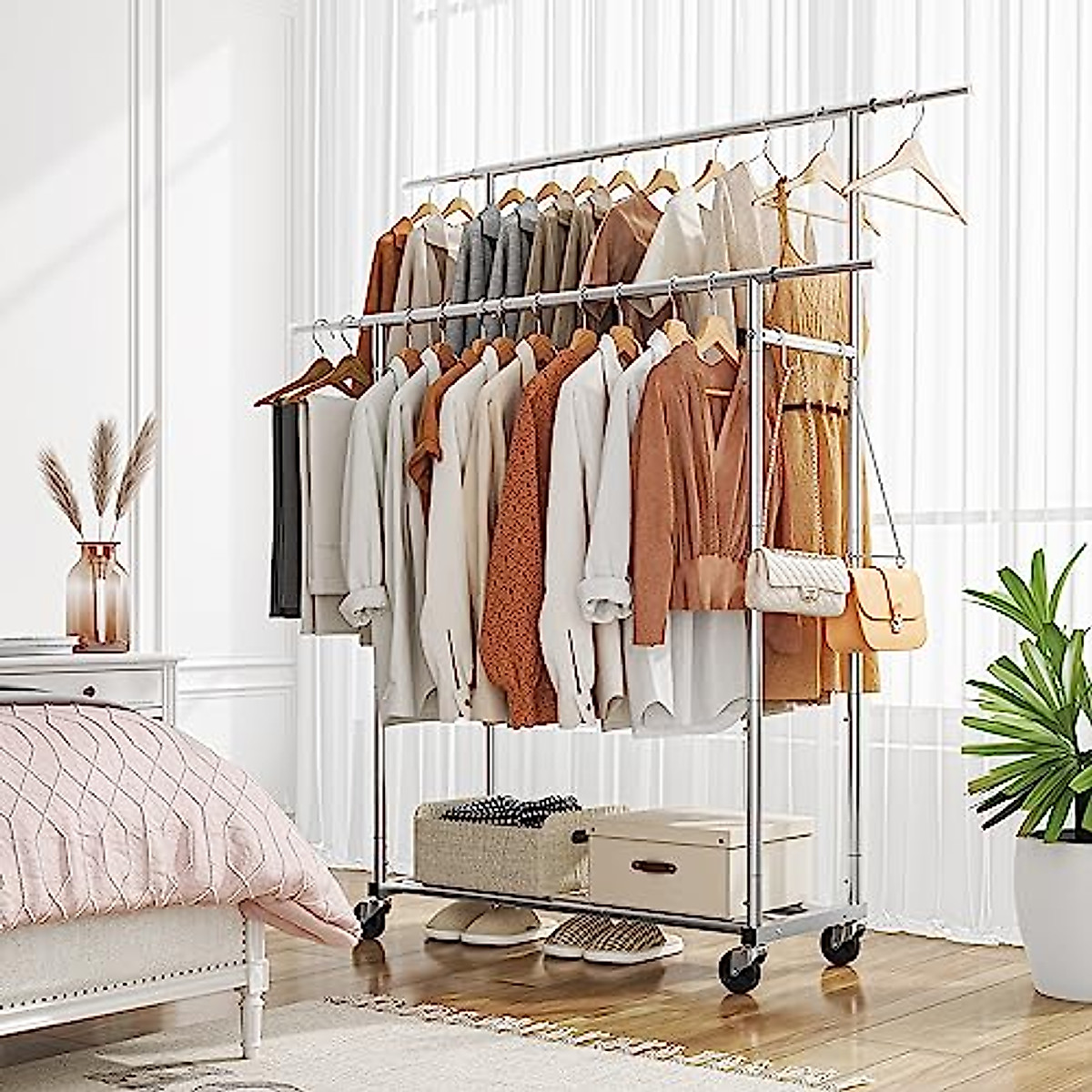 Simple Trending Double Rod Clothing Garment Rack, Rolling Clothes Organizer on Wheels for Hanging Clothes,with 4 hooks, Chrome