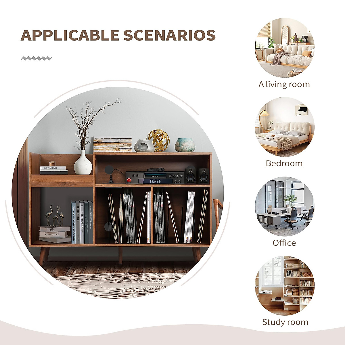 Oubayajia Record Player Stand with Charging Station & USB Ports, Mid-Century Turntable Stand Table Holds Up to 300 Albums, Vinyl Record Storage Cabinet with Wood Legs for Living Room Office(walnut)